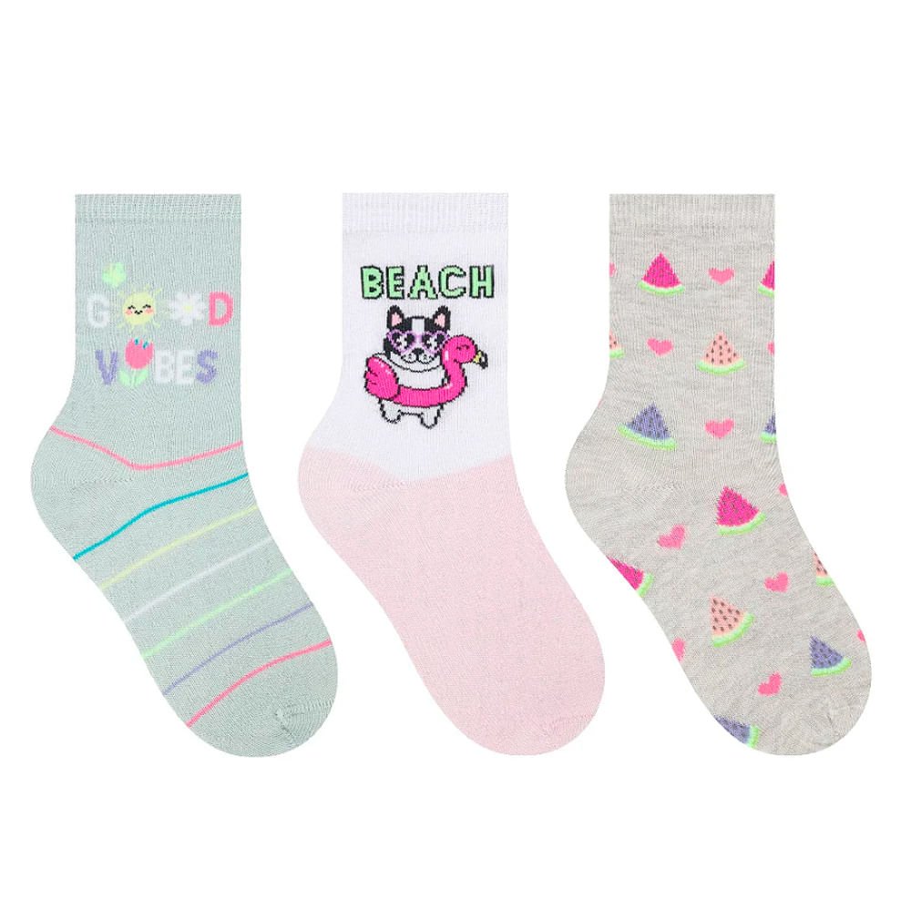 Kit 3 Pares de Meias Infantis Selene Verde Cinza e Rosa Rosa