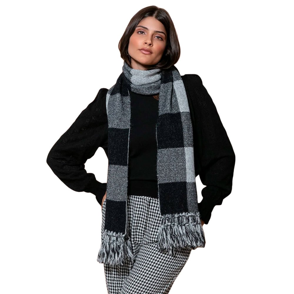Cachecol Feminino Biamar Tricot Xadrez Cinza Cinza