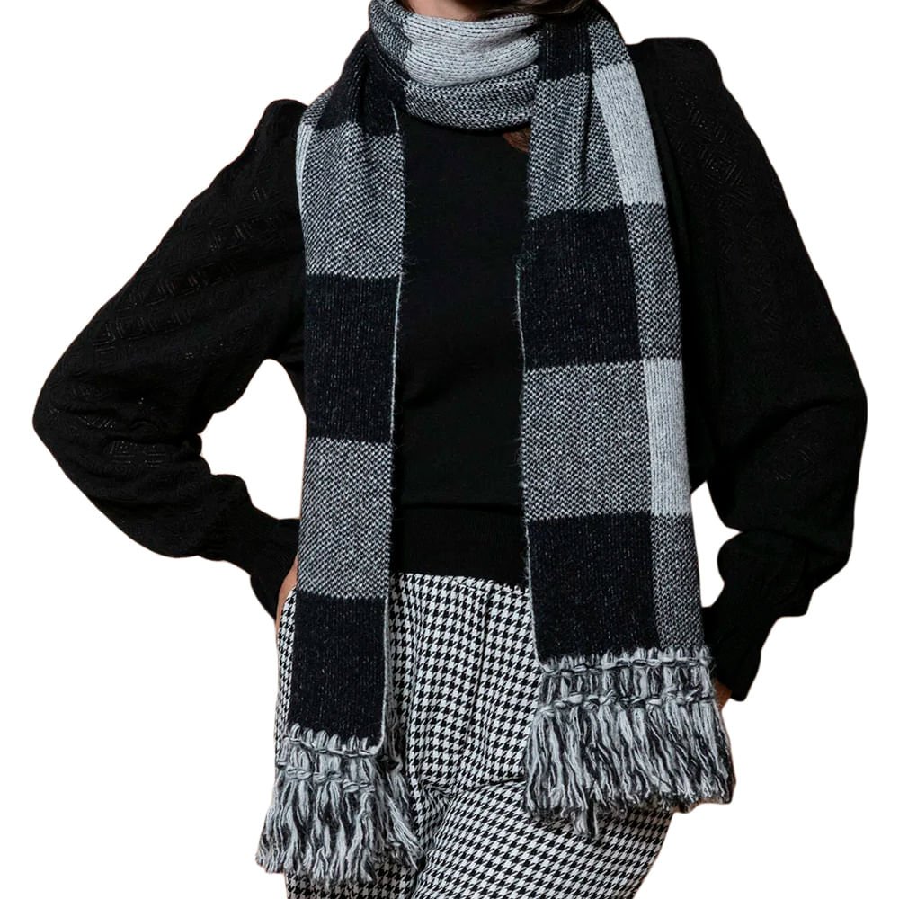 Cachecol Feminino Biamar Tricot Xadrez Cinza Cinza