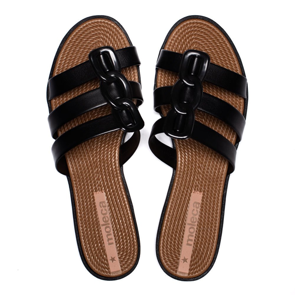 Rasteira Feminina Moleca com Tiras e Elos Preto Preto