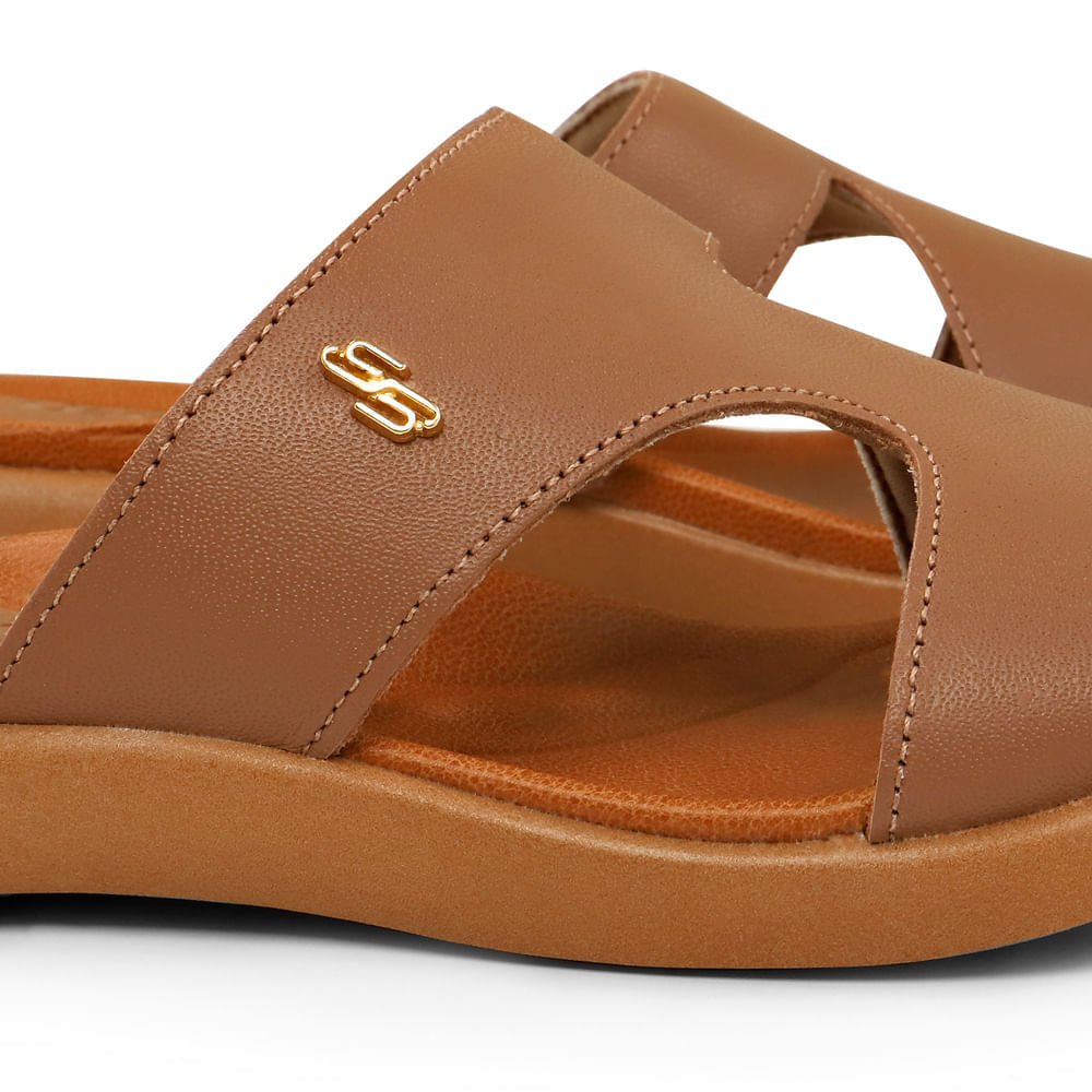 Chinelo Slide Camel Salto Rasteiro Couro Marrom
