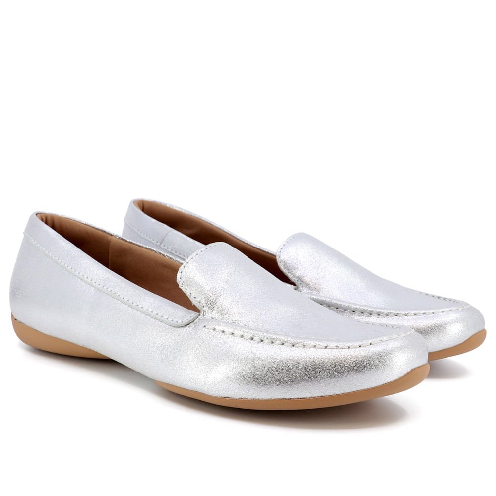 Mocassim Metalizado Prata Couro Prata