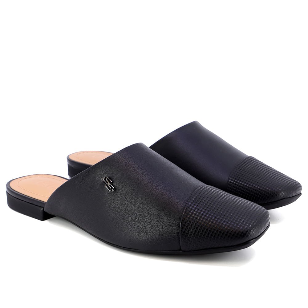 Mule Preto Bico Quadrado Couro Mini Tressê Preto
