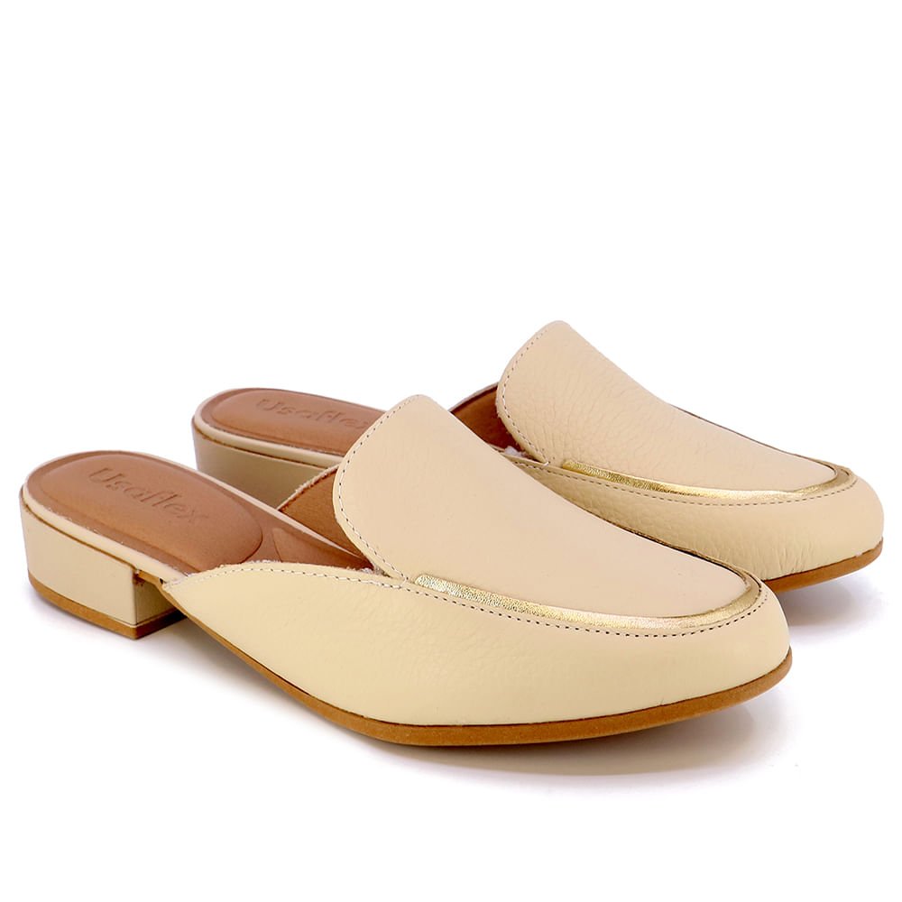 Mule Bege Salto Bloco Couro Detalhe Metalizado Bege
