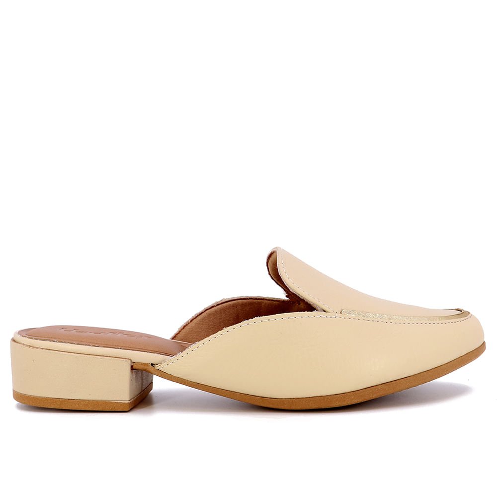 Mule Bege Salto Bloco Couro Detalhe Metalizado Bege