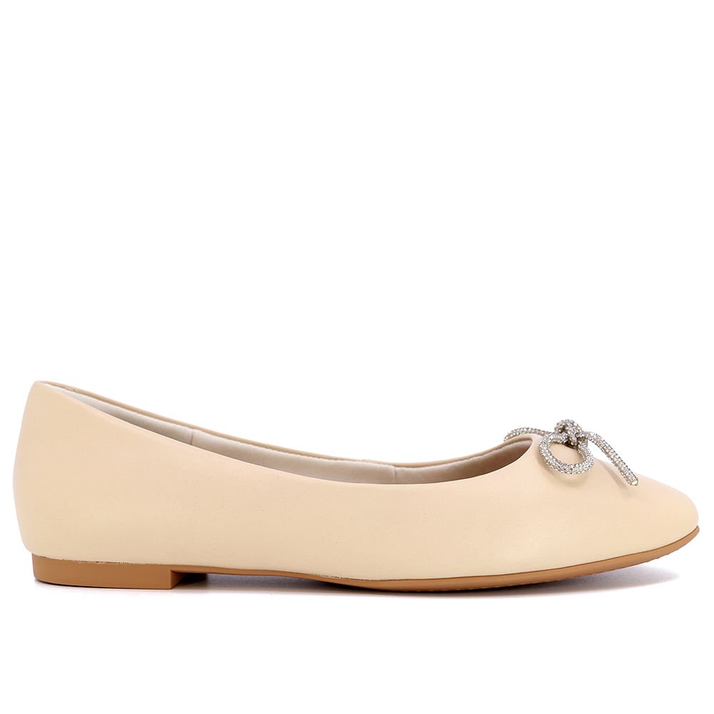 Sapatilha Bege Couro Detalhe Laço Bege