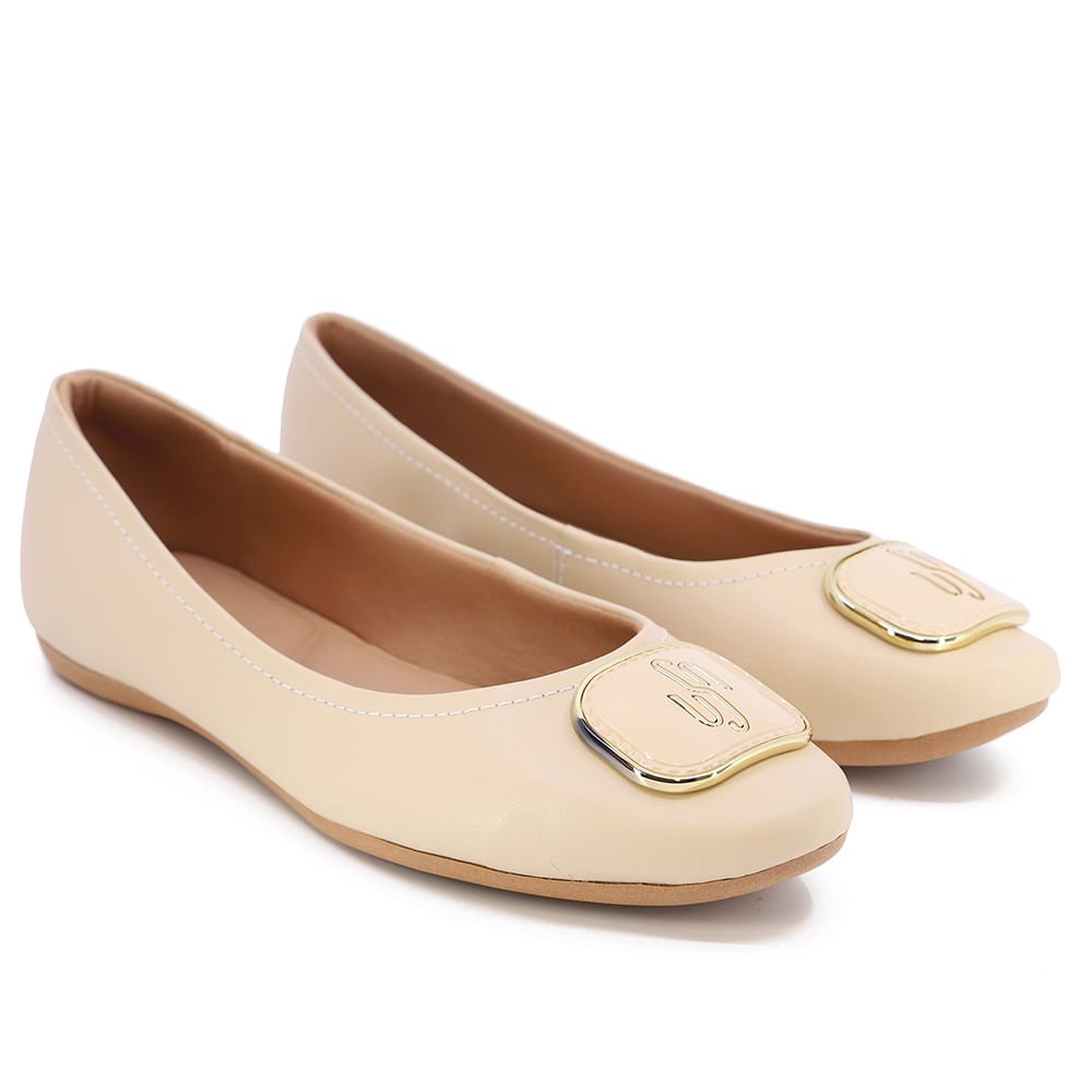 Sapatilha Bege Couro Salto Rasteiro Monograma Bege