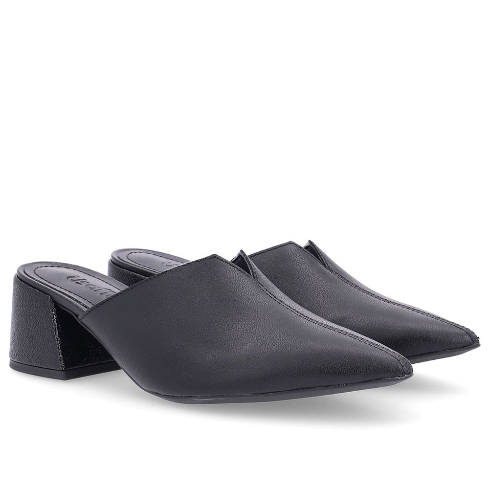 Mule Preta Bico Fino Couro Salto Bloco Preto