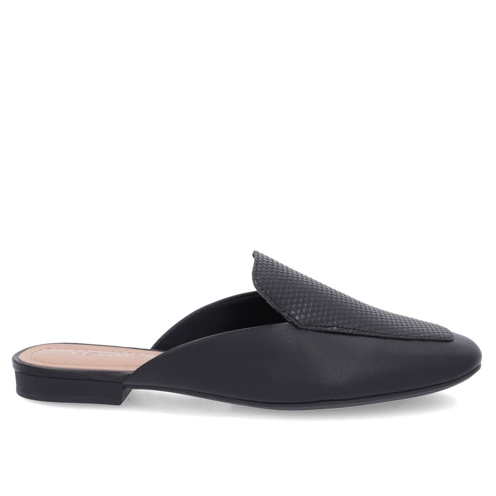 Mule Preto Bico Quadrado Couro Salto Bloco Preto