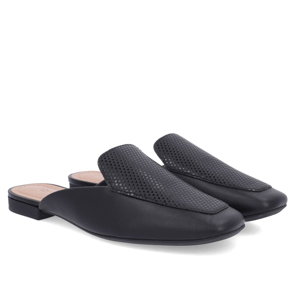 Mule Preto Bico Quadrado Couro Salto Bloco Preto