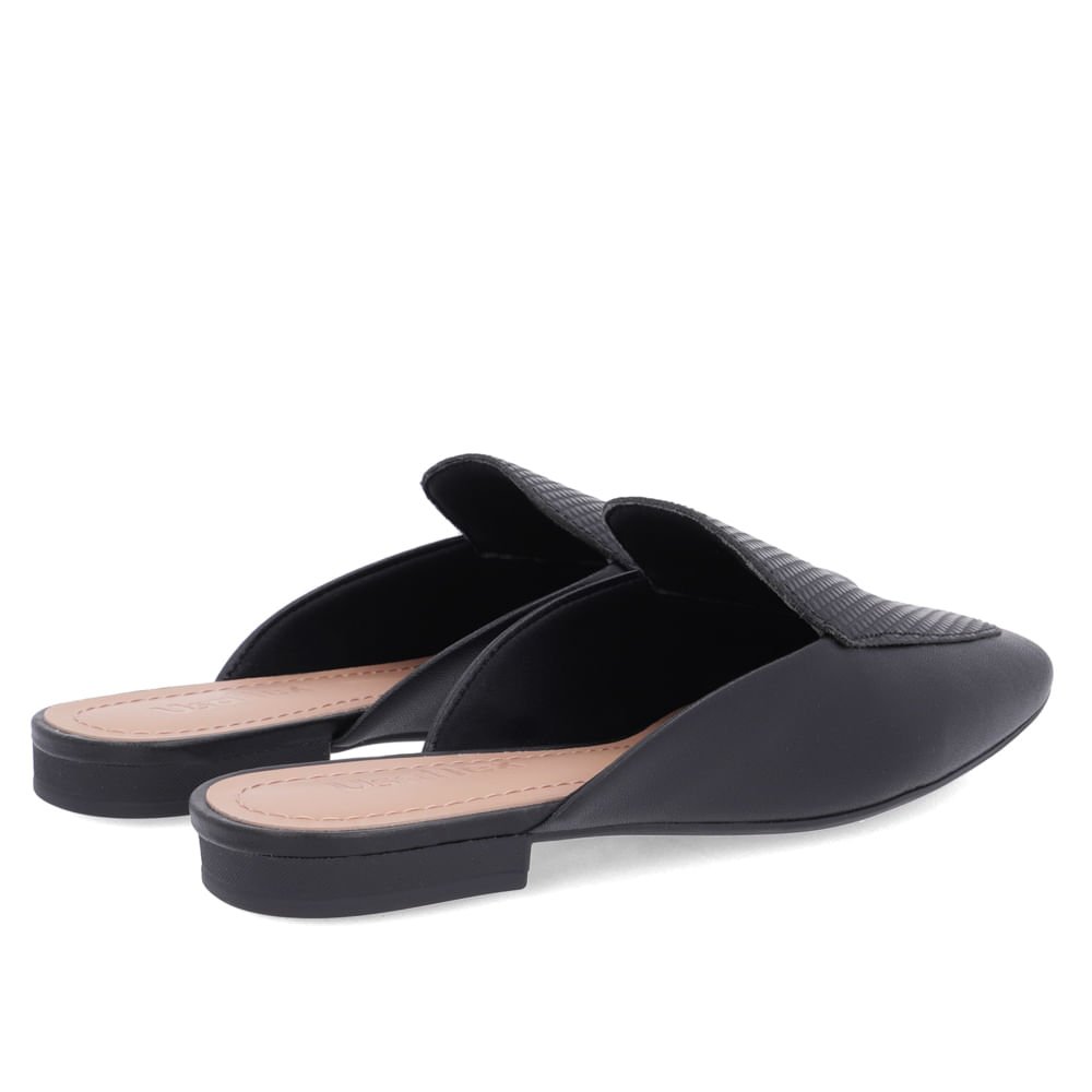 Mule Preto Bico Quadrado Couro Salto Bloco Preto