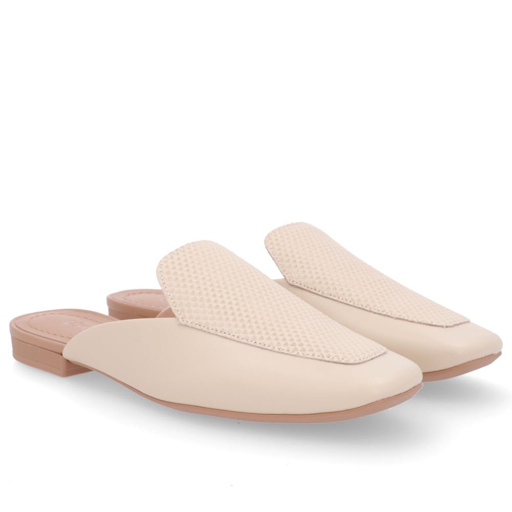 Mule Bege Bico Quadrado Couro Salto Bloco Bege