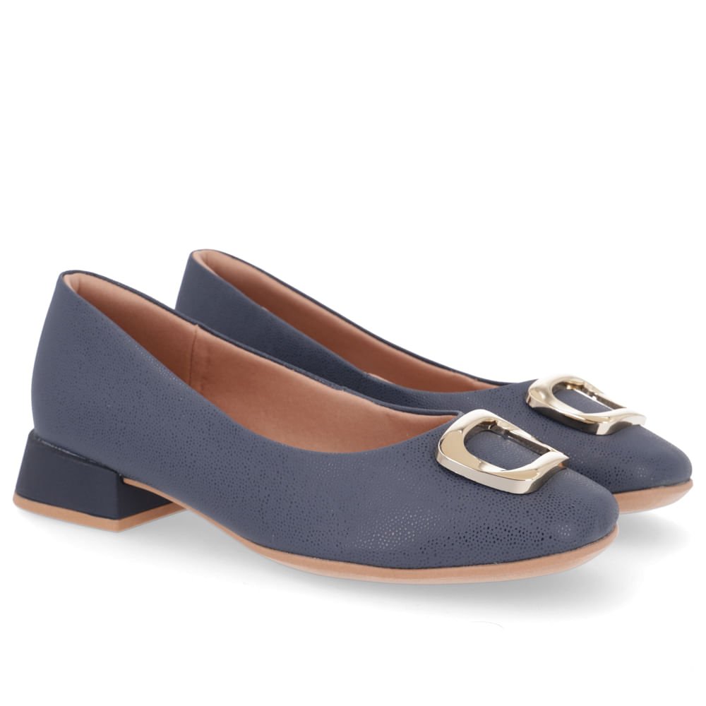 Scarpin Couro Azul Salto Bloco Enfeite Azul