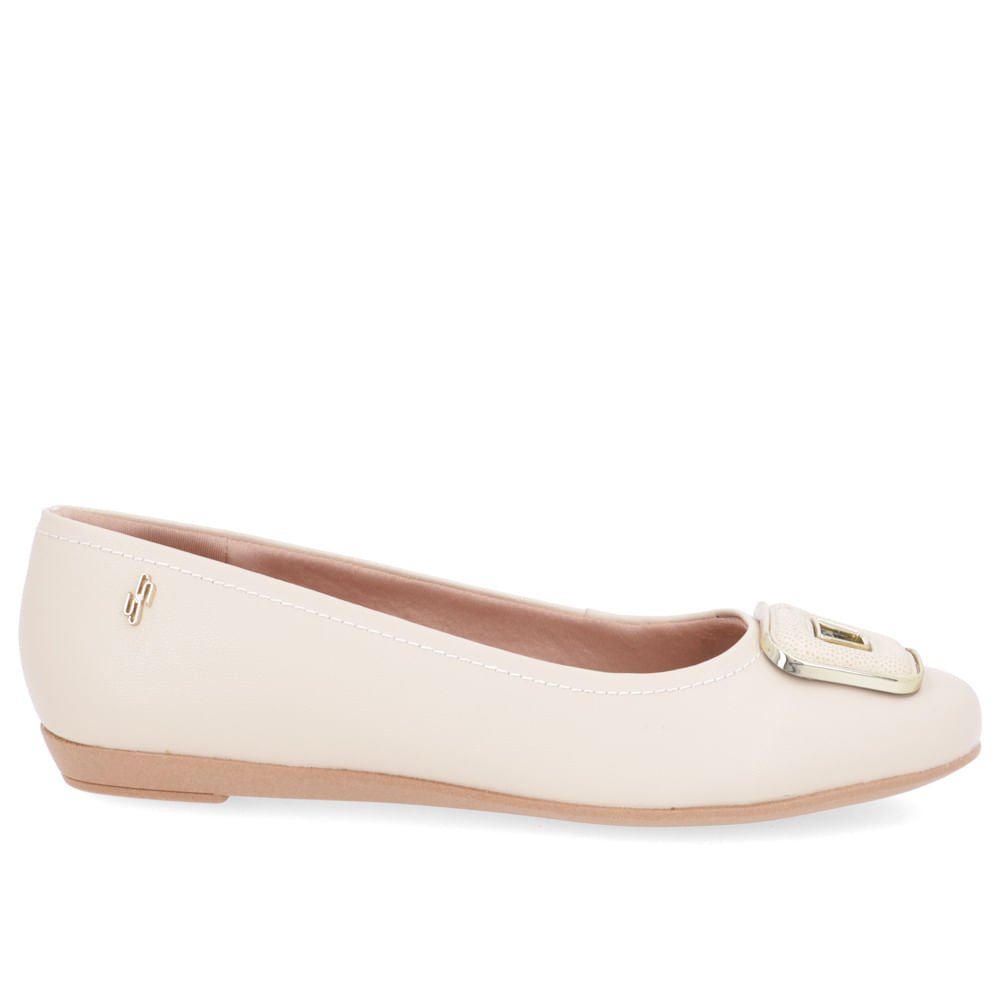 Sapatilha Bege Couro Bico Redondo Enfeite Bege