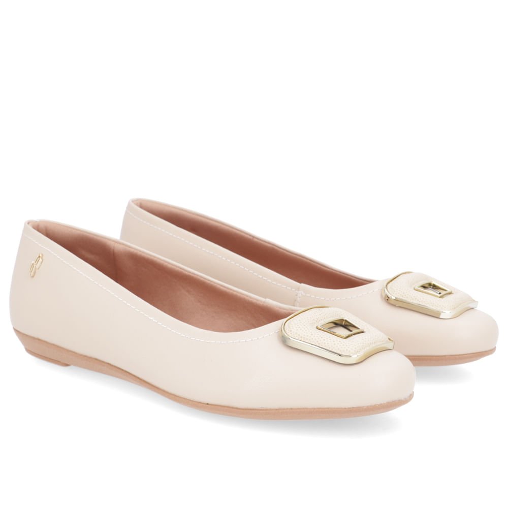 Sapatilha Bege Couro Bico Redondo Enfeite Bege