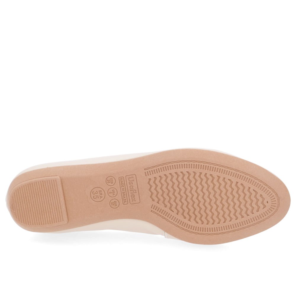 Sapatilha Bege Couro Bico Redondo Enfeite Bege