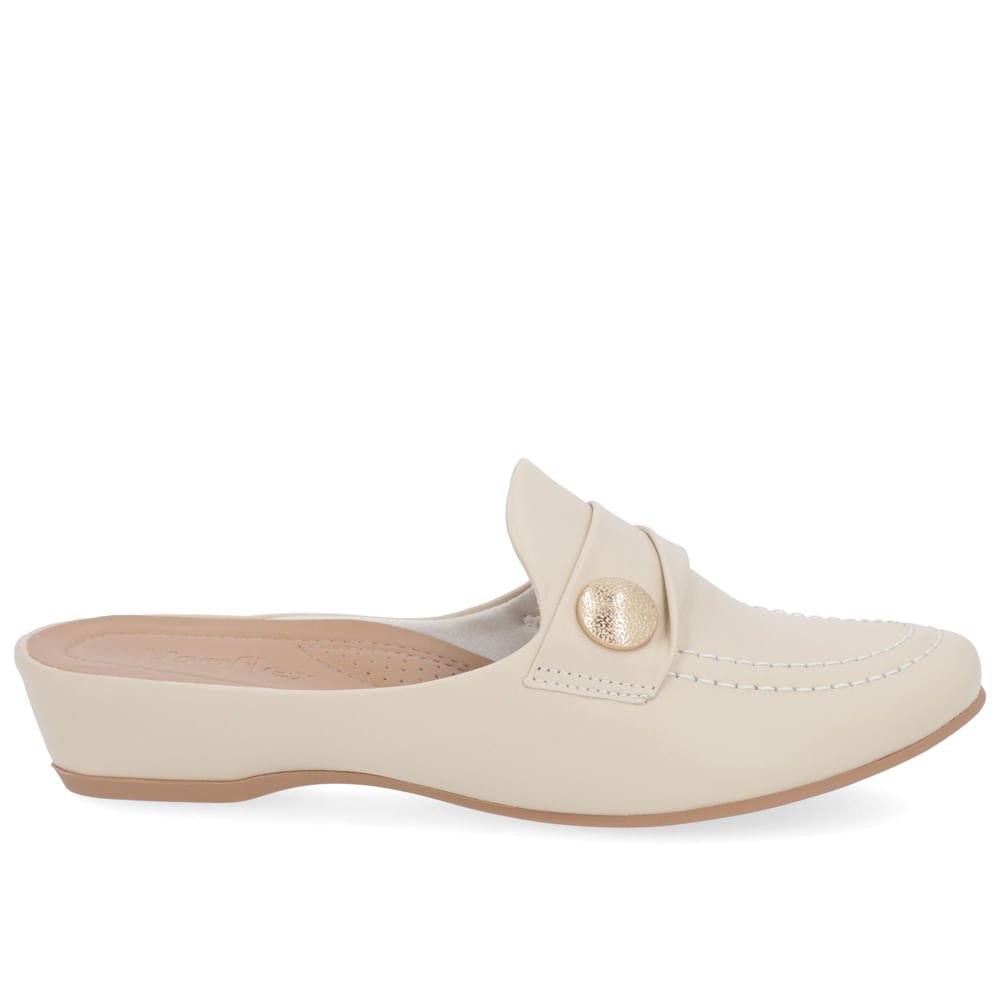 Mule Bege Bico Redondo Couro Salto Embutido Bege