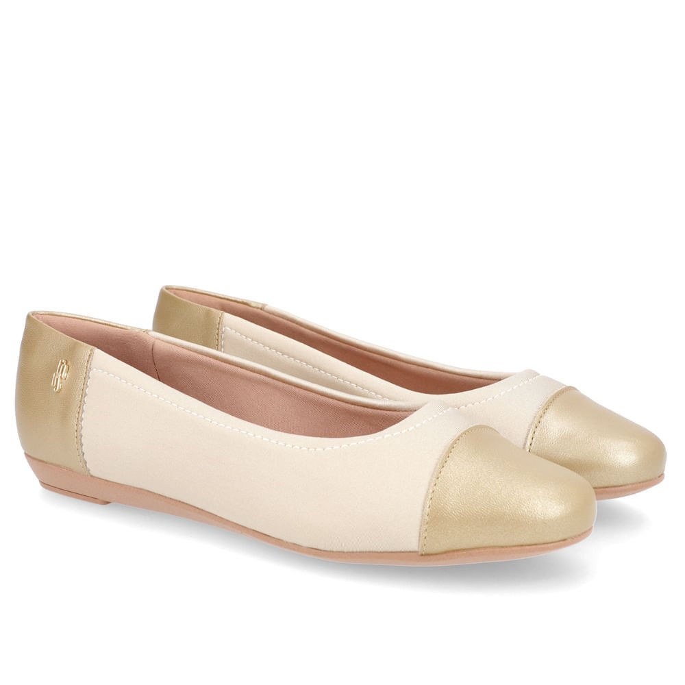 Sapatilha Bege Couro Rasteira Bico Dourado Bege