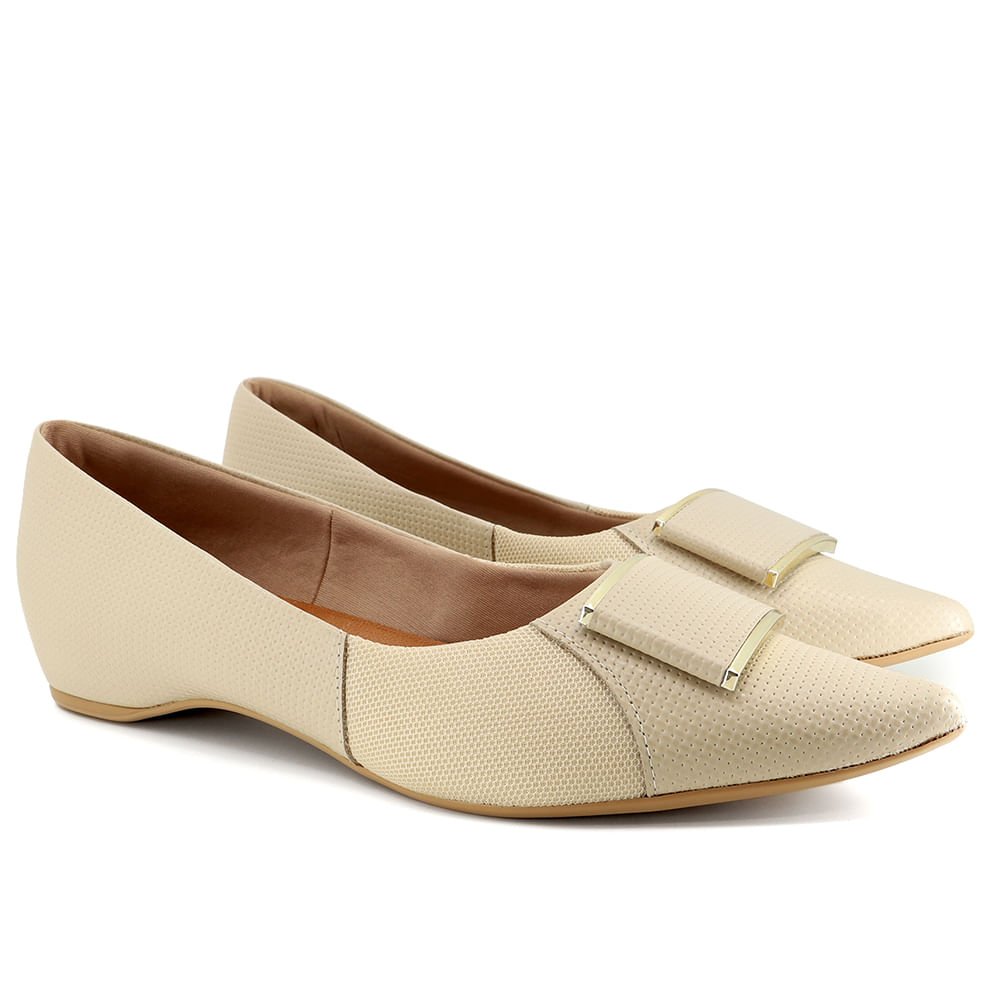 Sapatilha Bege Couro Bico Fino Mini Tressê Bege