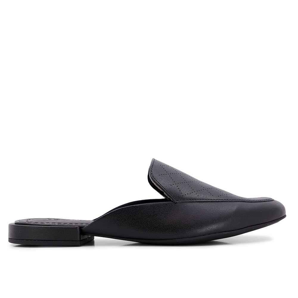 Mule Preto Salto Bloco Couro Detalhe Laser Preto