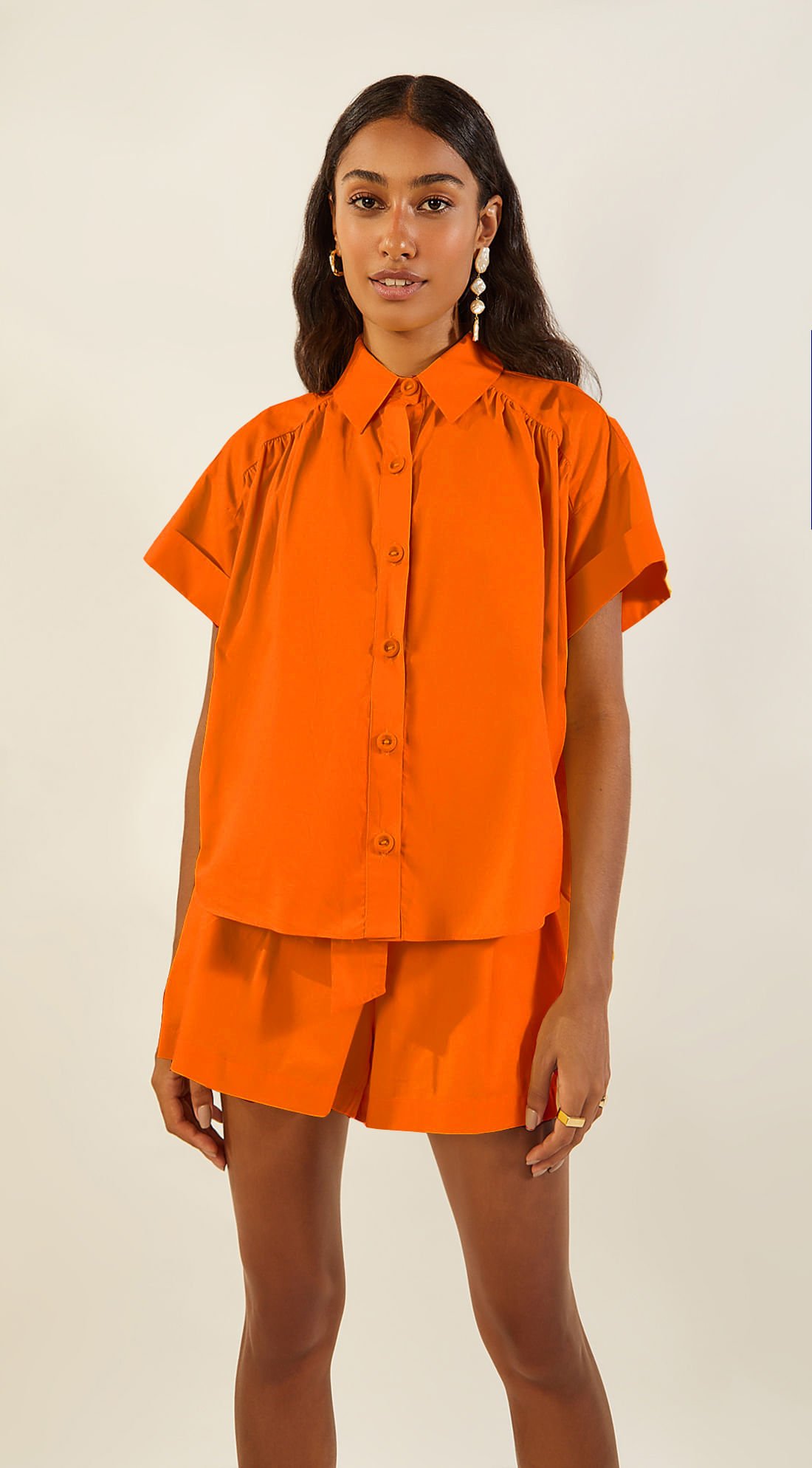 Camisa Zinco Manga Curta Detalhe Franzido Laranja Laranja