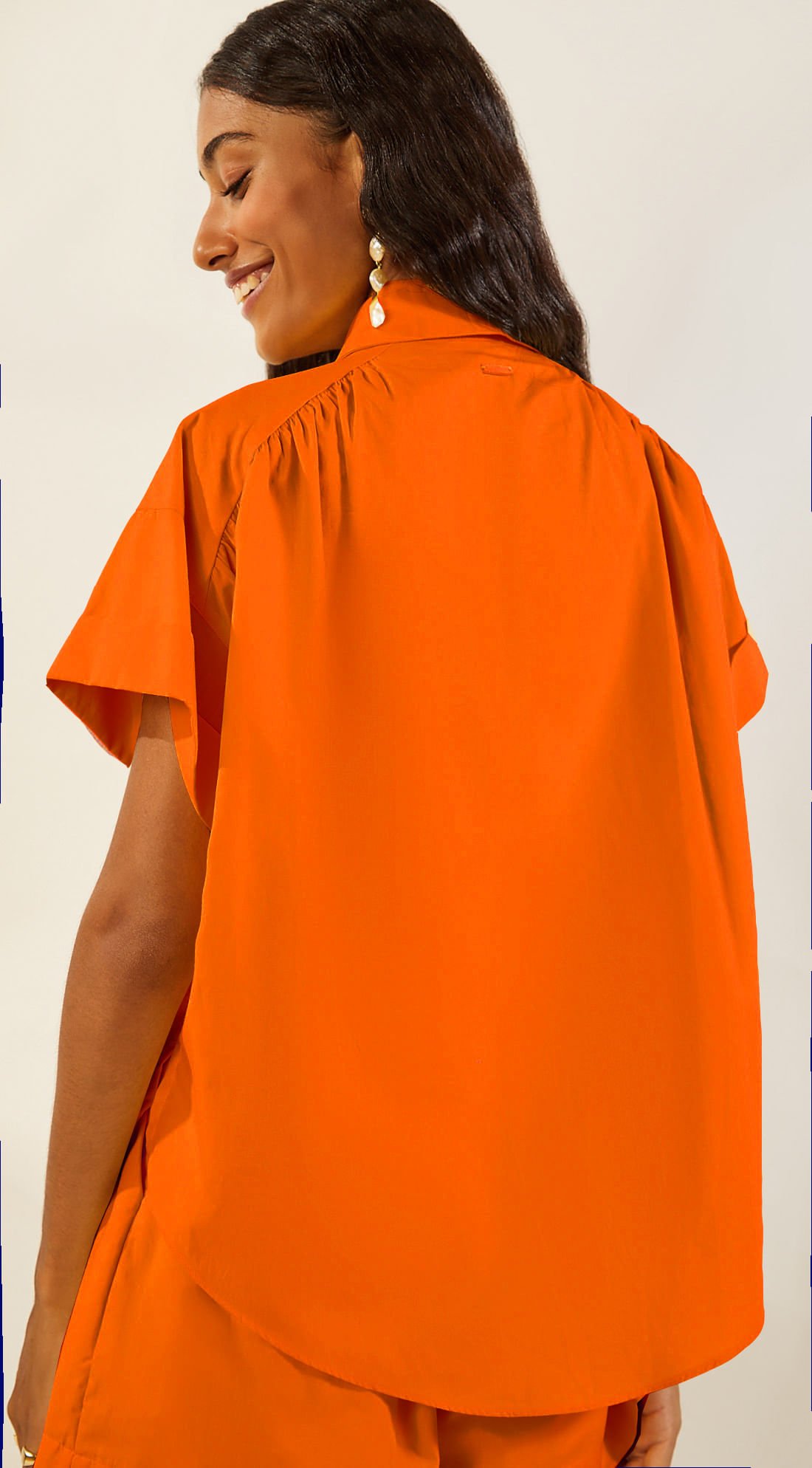 Camisa Zinco Manga Curta Detalhe Franzido Laranja Laranja