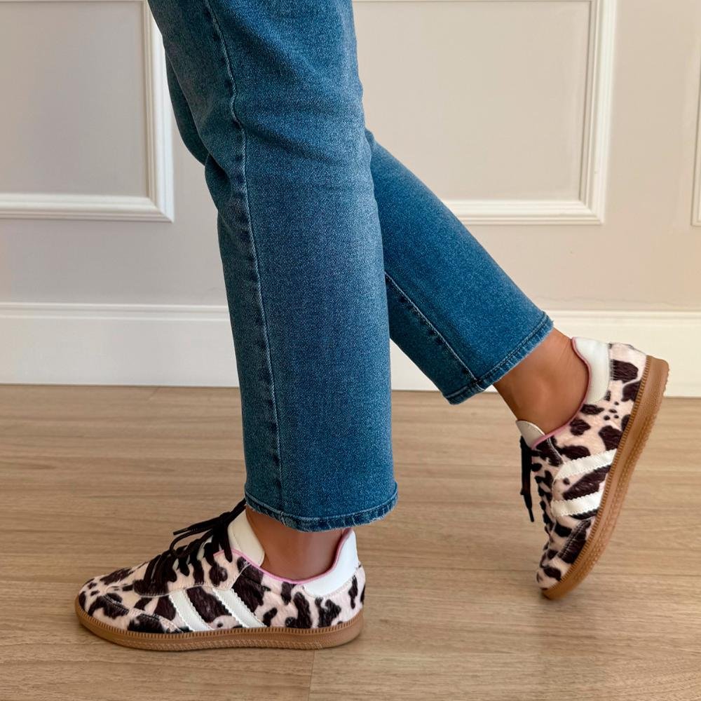 Tênis Flatform Manu Cow Print Vaquinha Marrom/Rosa