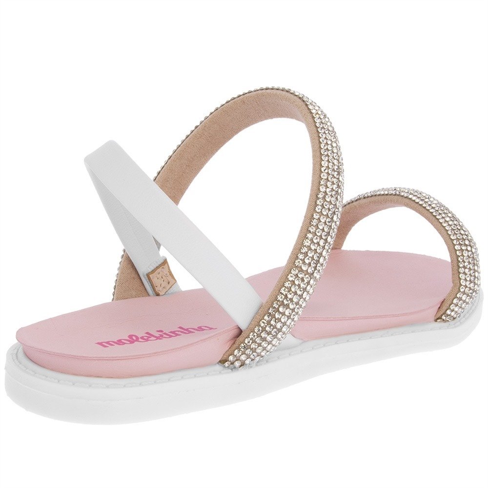 Sandália Rasteira Infantil Molekinha Tiras Cruzadas Strass Branco Branco