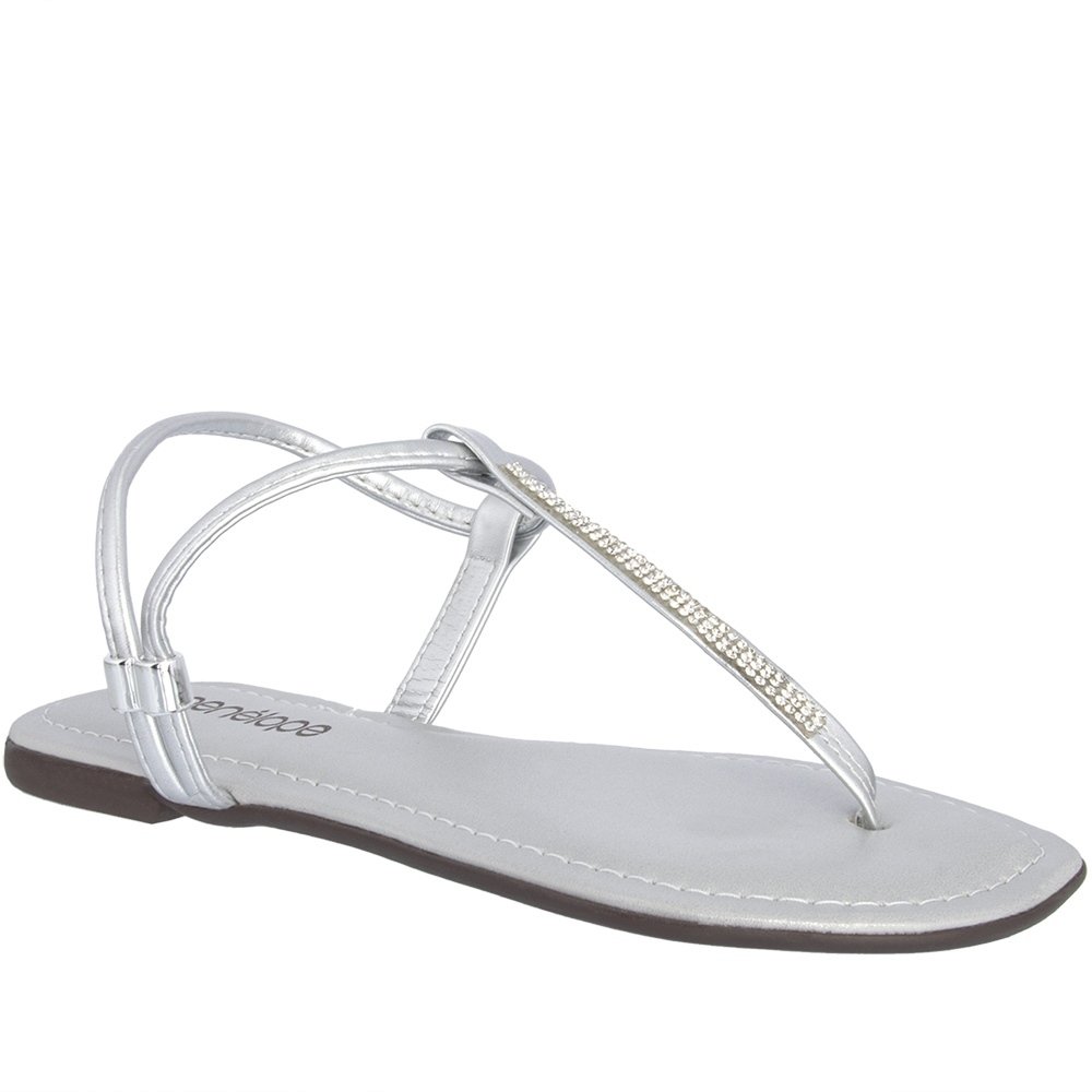 Sandália Rasteira Penélope Tira Strass Metalizada Prata Prata