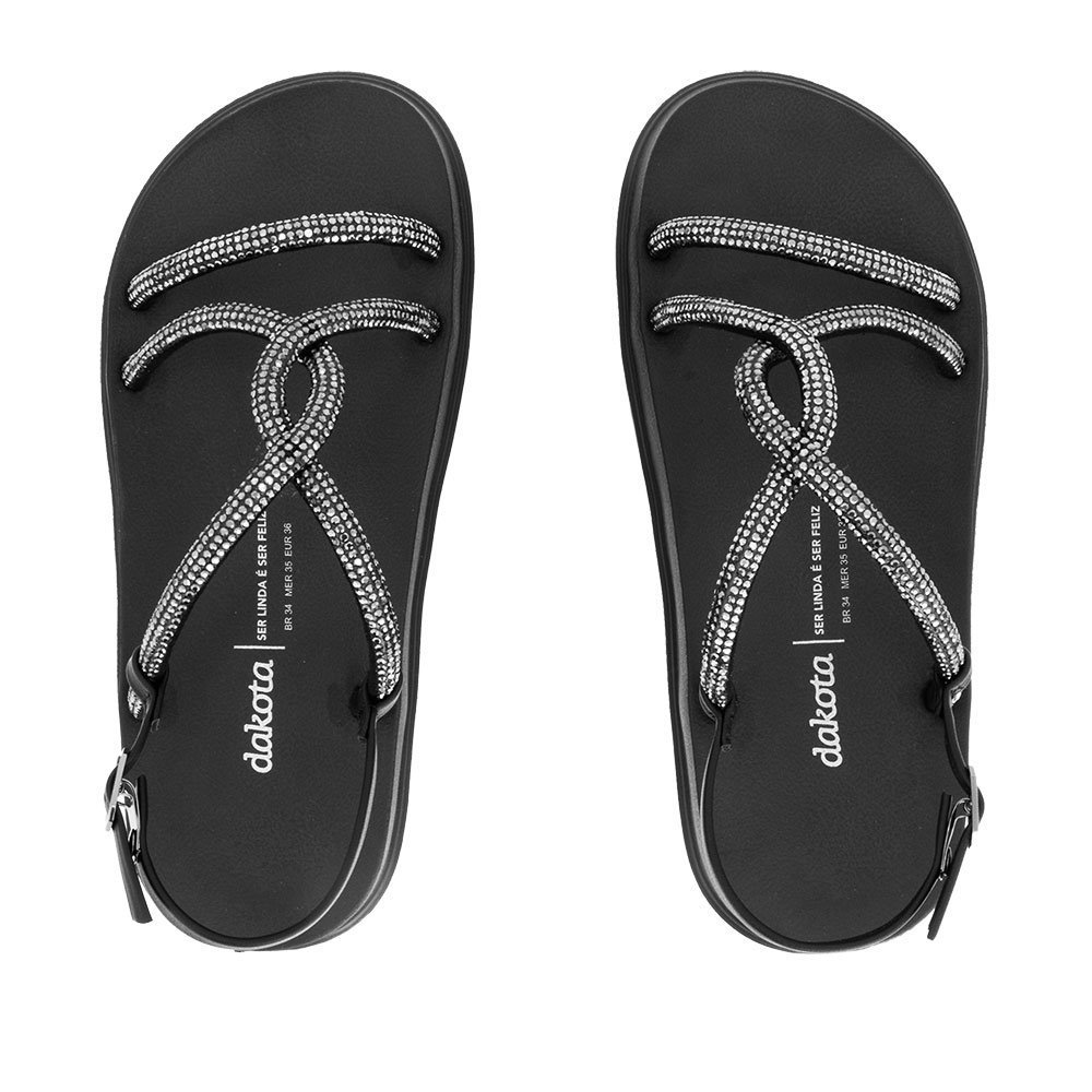 Sandália Papete Dakota Flatform Tiras Cruzadas Strass Preto Preto