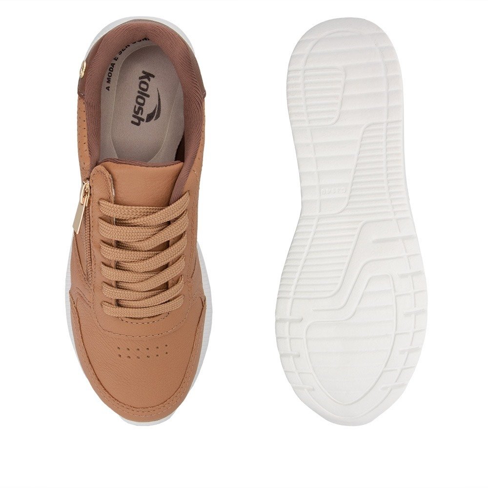 Tênis Kolosh Sport Style Medley EVAFit Feminino Zíper Couro Caramelo Marrom