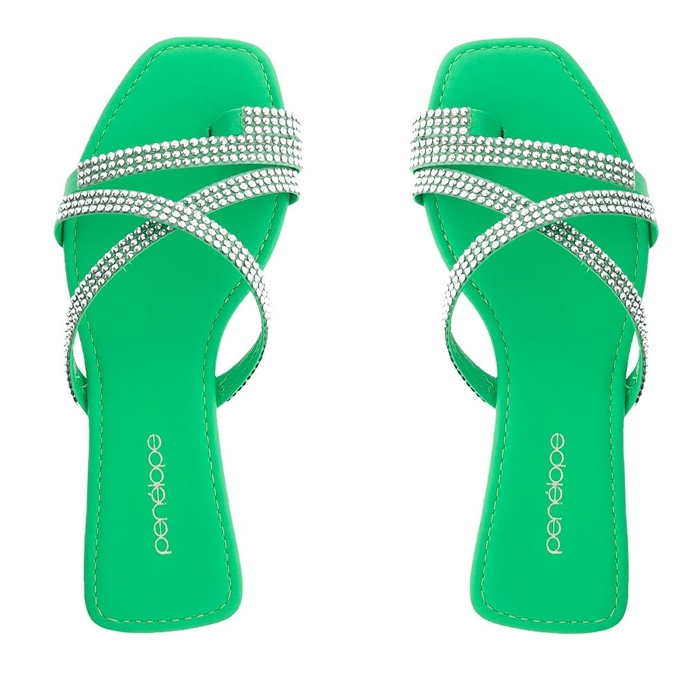 Rasteira Penélope Tiras Cruzadas Strass Verde 34