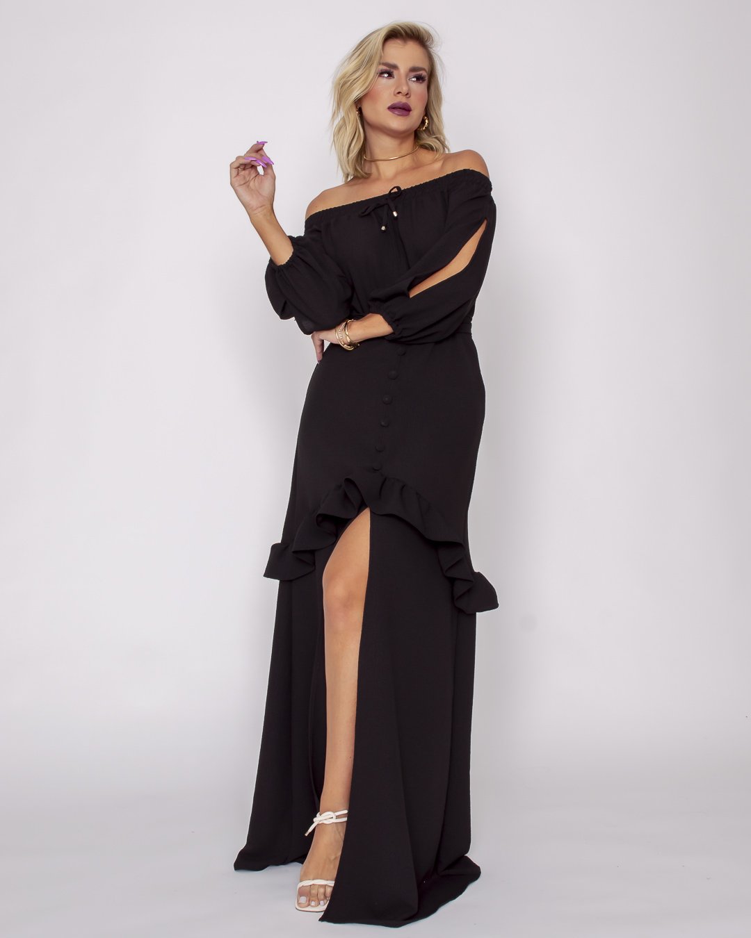 Vestido Miss Misses Longo Com Babado e Faixa Preto Preto