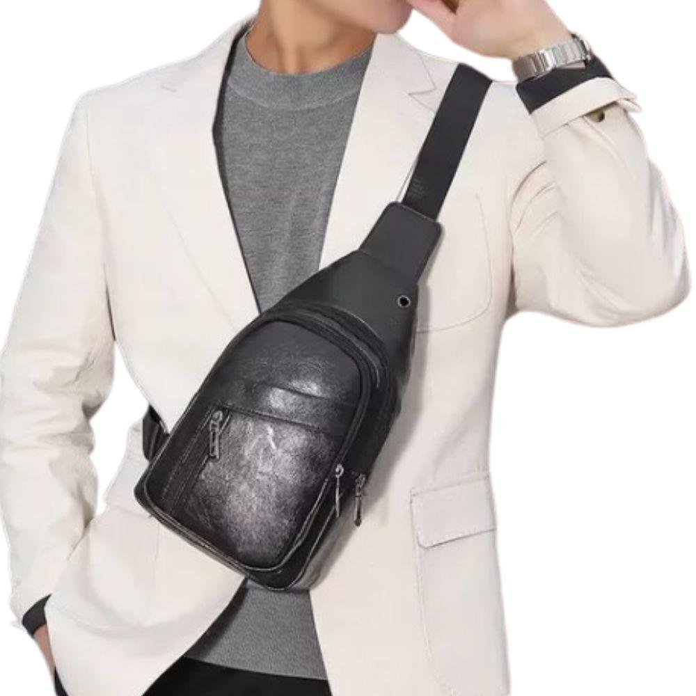 Pochete Masculina Couro Shoulder Bag Bolsa Ombro Transversal Preto