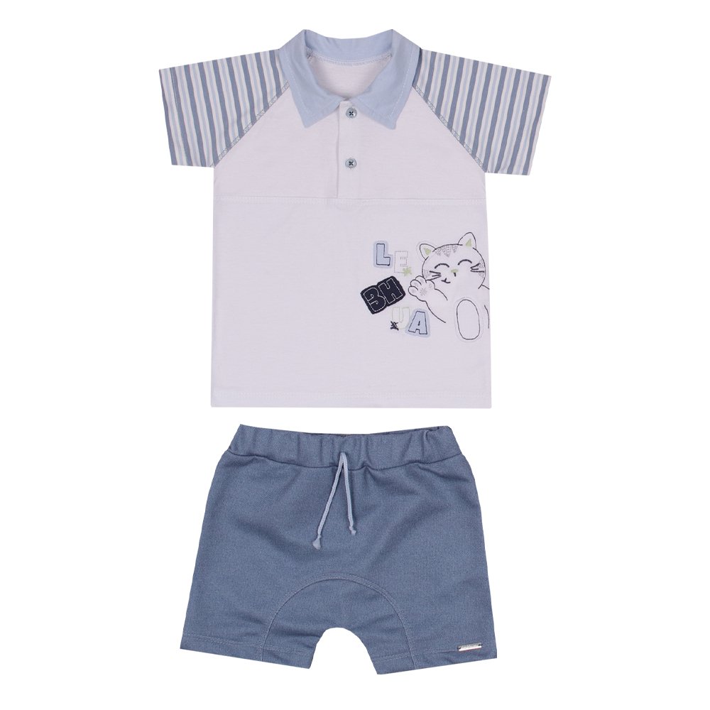 CONJUNTO MASCULINO BORDADO DE GATINHO AZUL LE BHUA LB13460 Azul