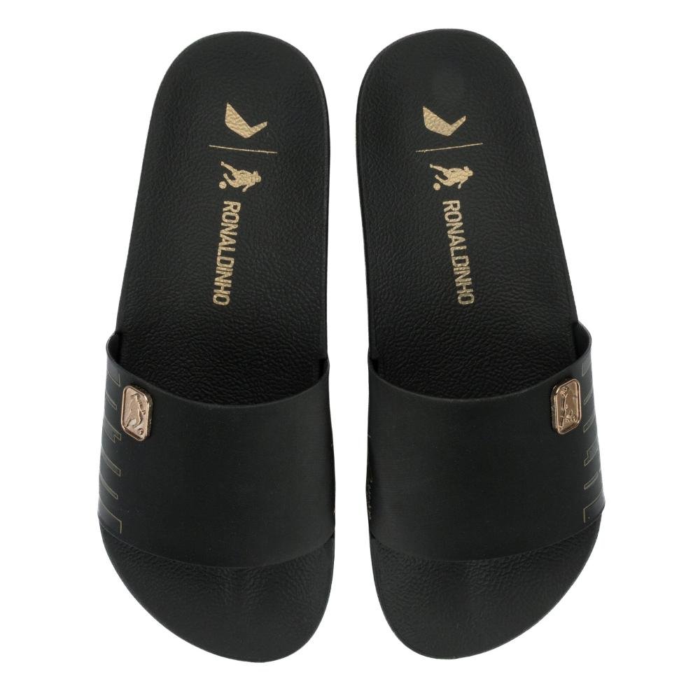 Chinelo Slide Masculino Rider R10 Ronaldinho 12562 Preto/Dourado Preto ...