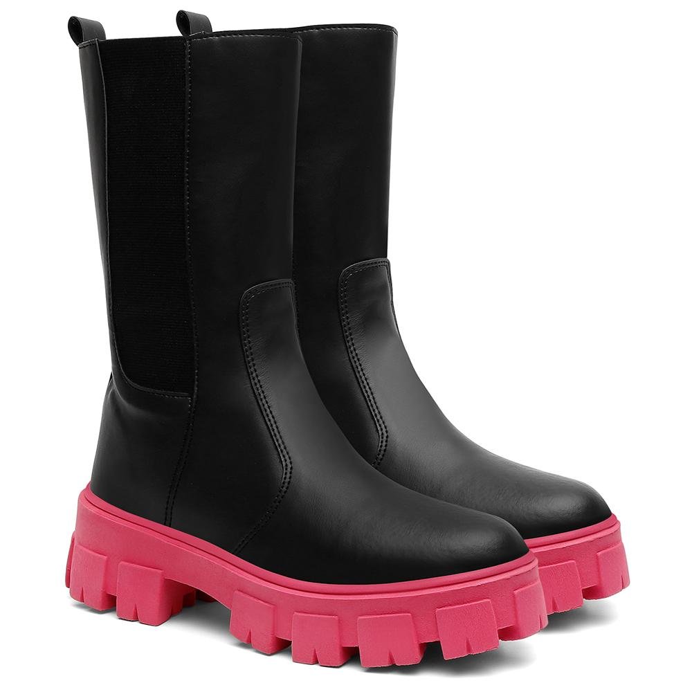Bota Feminina Tratorada Salto Baixo Cano Médio Chelsea