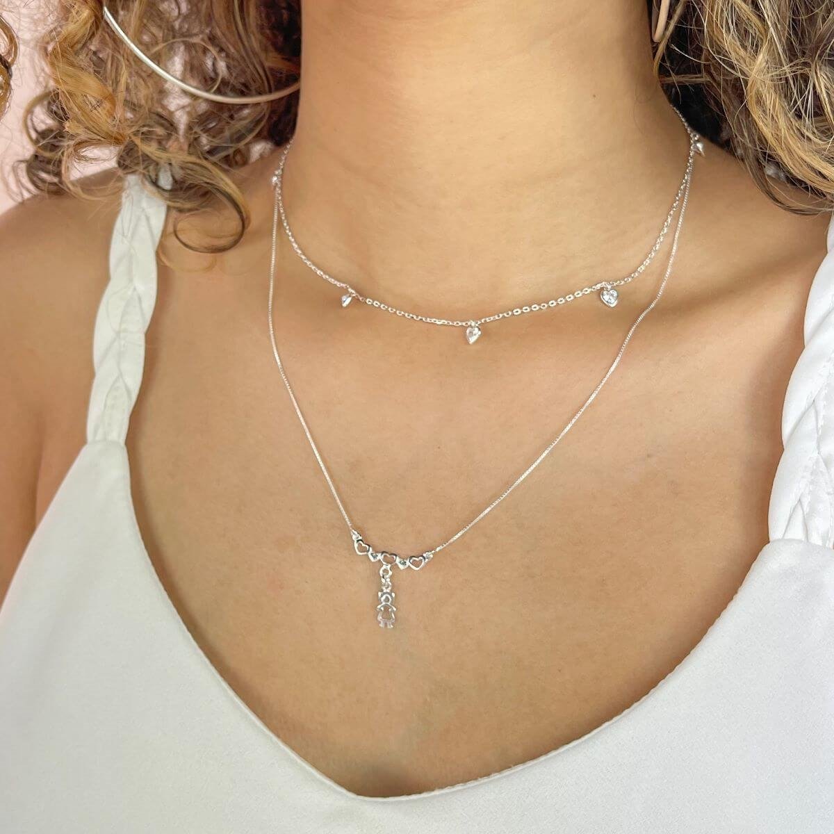 Kit Colar Pingente Menina Prata 925 + Embalagem de Presente Prata