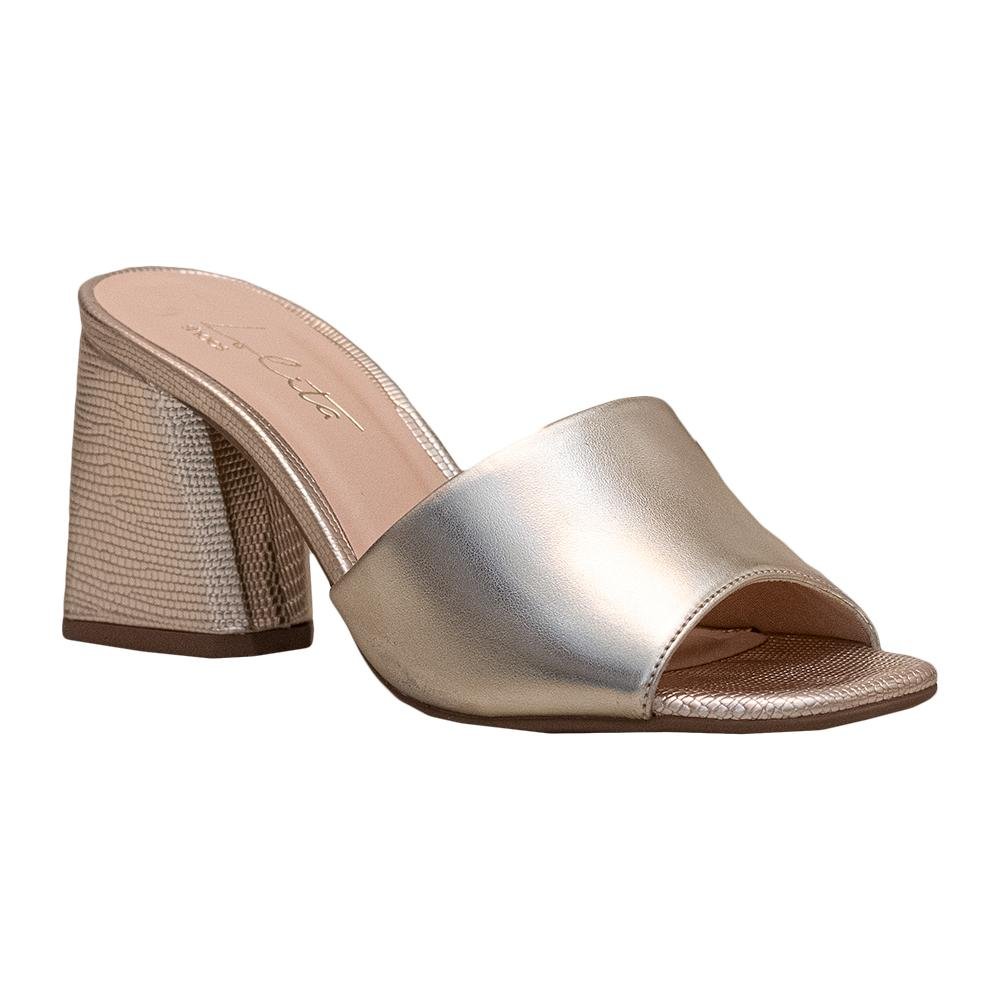 Tamanco Champagne Salto Bloco Textura Croc | Lolita Dourado