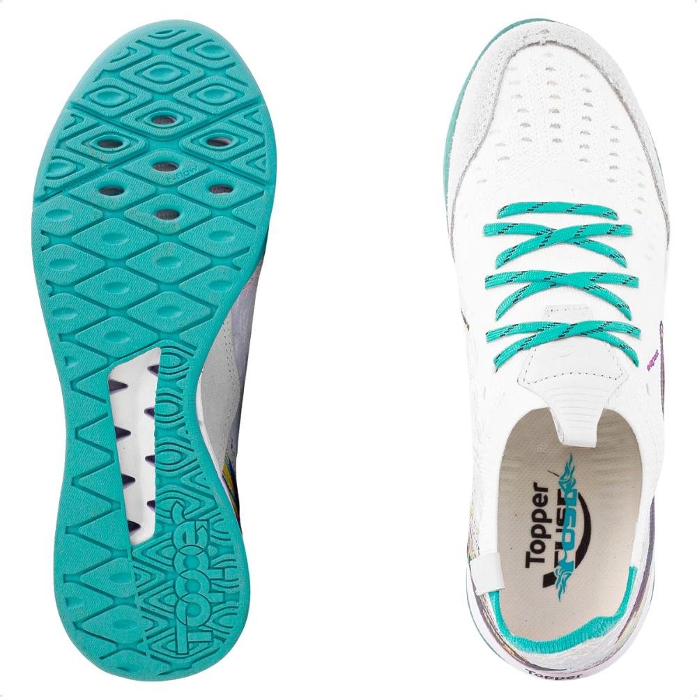 Chuteira Futsal Topper Dominator Fuse II Unissex Branco/Verde Água