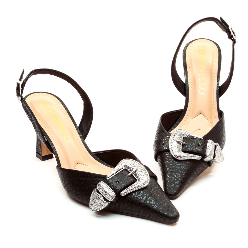 Slingback Couro Preto Salto MÉdio Cecconello 2640001-2 Preto