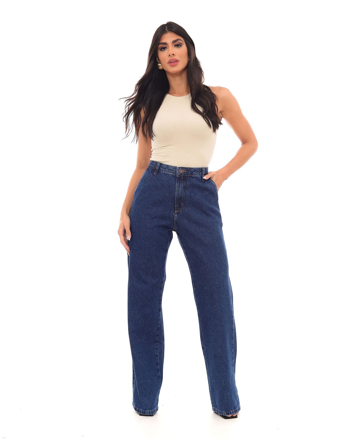 Calça Jeans Wide Leg Feminina Cintura Alta Carpinteiro 22571 Escura Azul