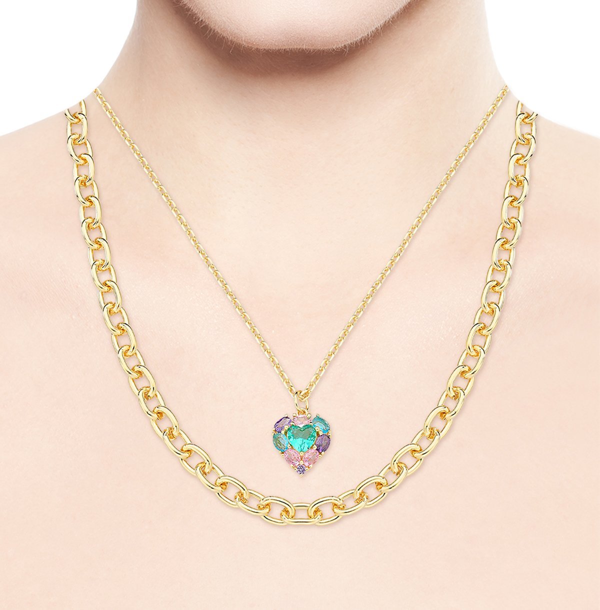 Colar Mix Correntes de Elos e Coração colorido Banhado a Ouro 18k Dourado