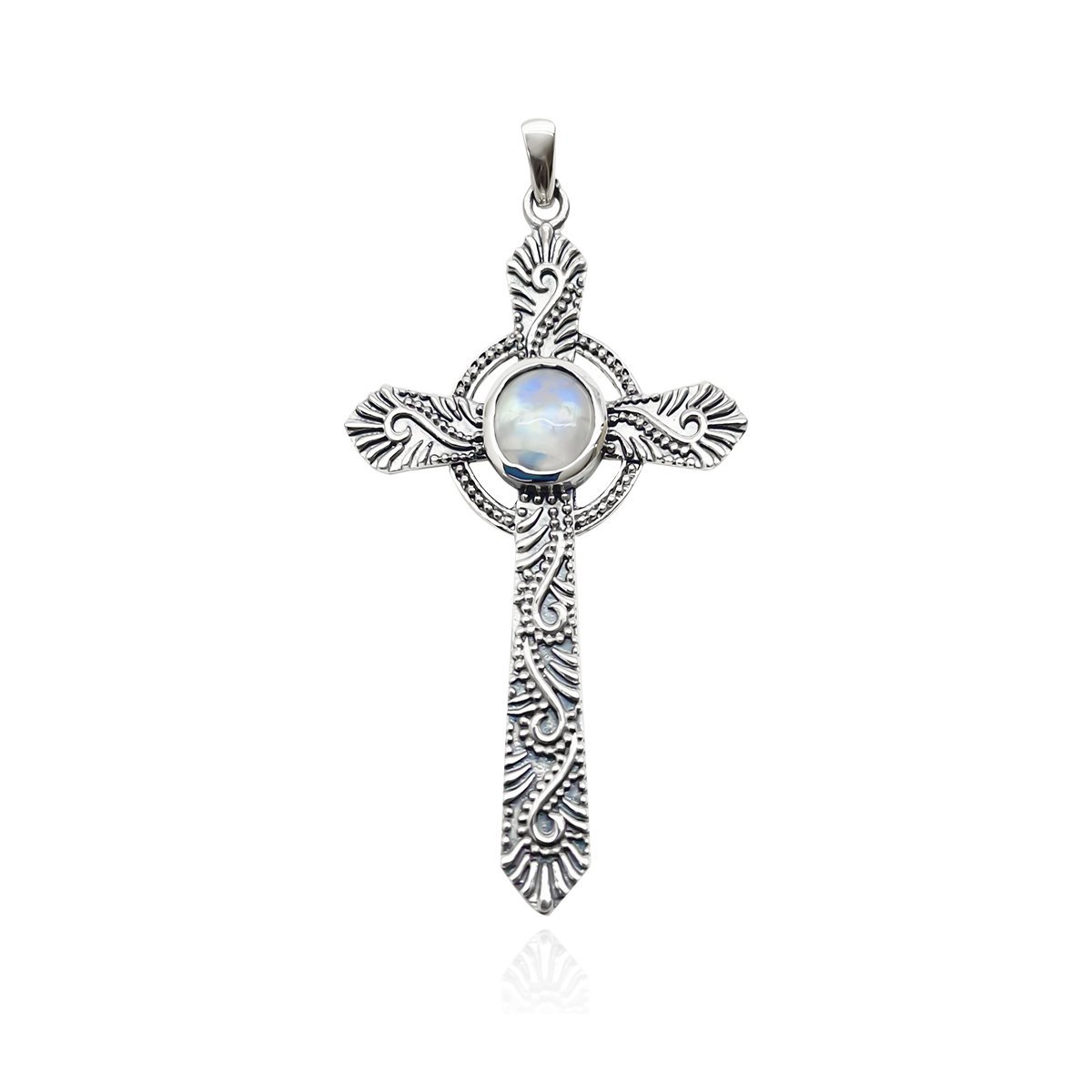 Pingente Crucifixo desenhado Bali Com Pedra Natural Prata 925 Prata
