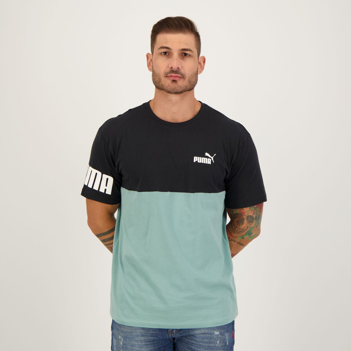 Camiseta Puma Power Colorblock Tee Preta e Azul Azul