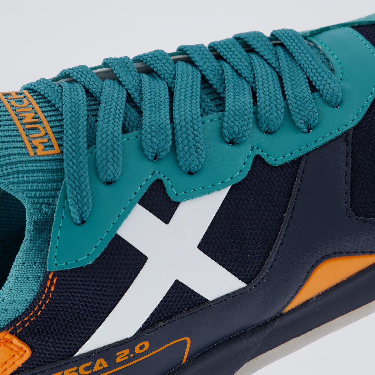 Chuteira Munich New Gresca 2.0 Futsal Azul e Laranja Multicores