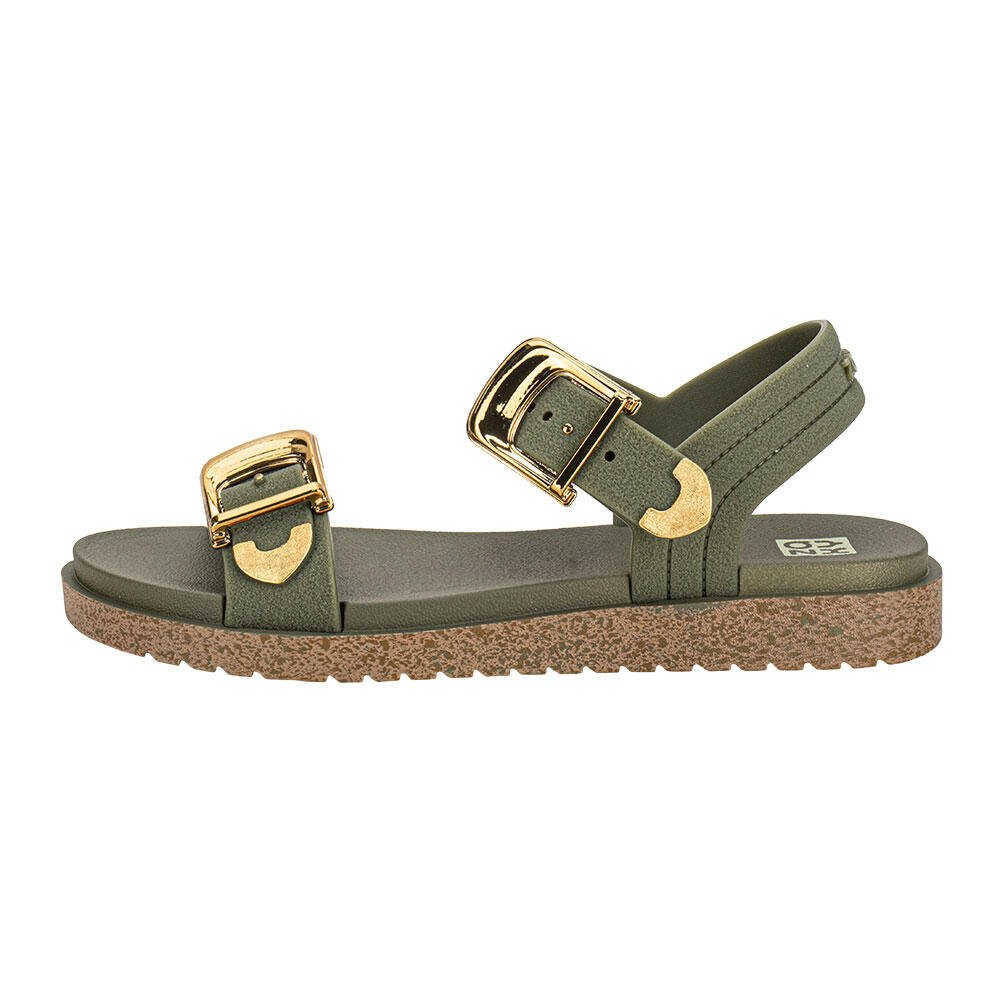 SANDÁLIA FEMININA FLAT RICH ZAXY 19200 Oliva/Dourado