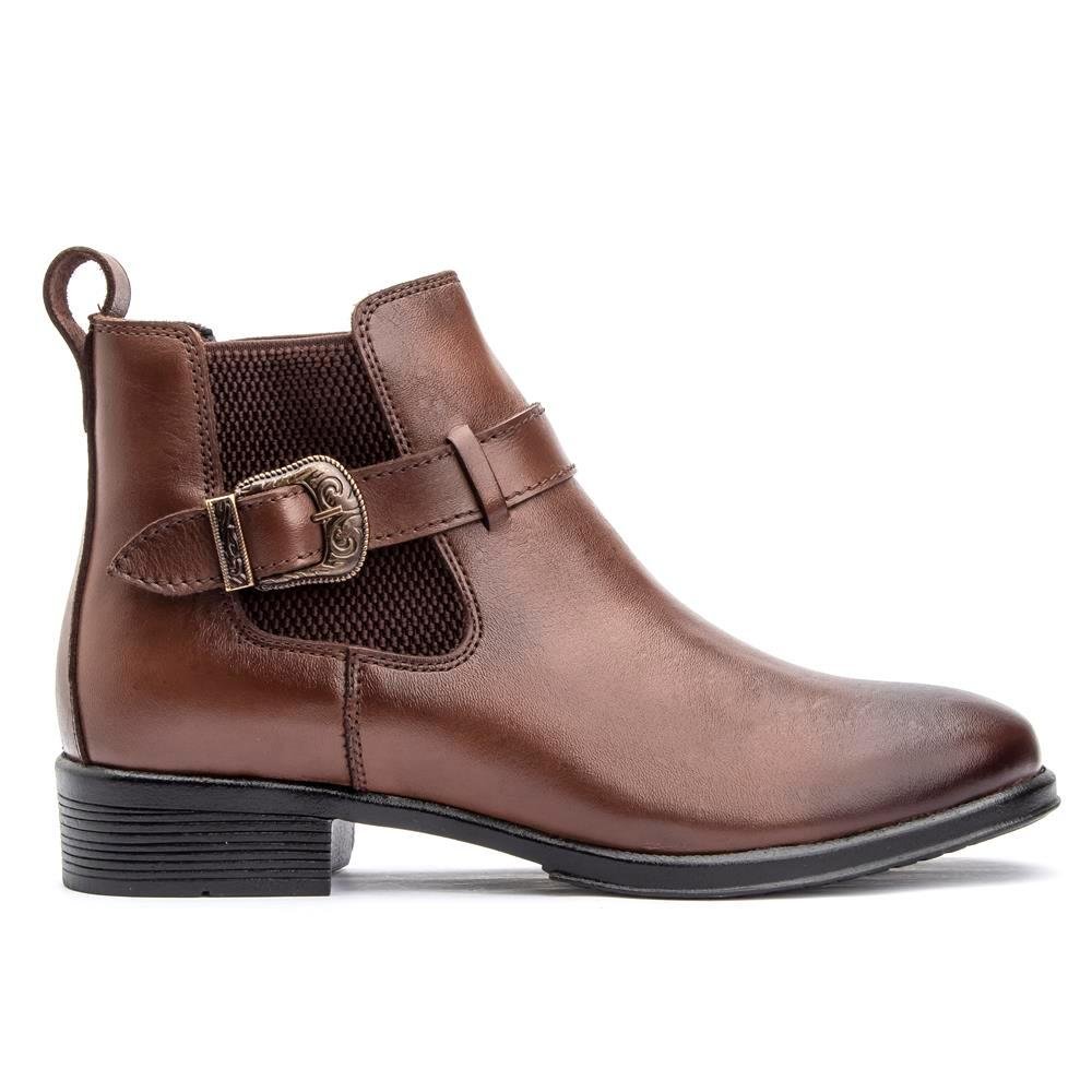 Bota Chelsea Feminina Couro Cano Curto Fivela Lisa Dia a Dia Marrom