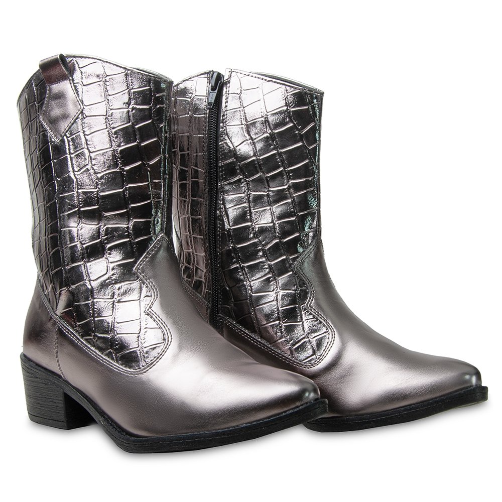 Bota Western Texana Croco Feminino Zíper Moda Country Salto Baixo Prata