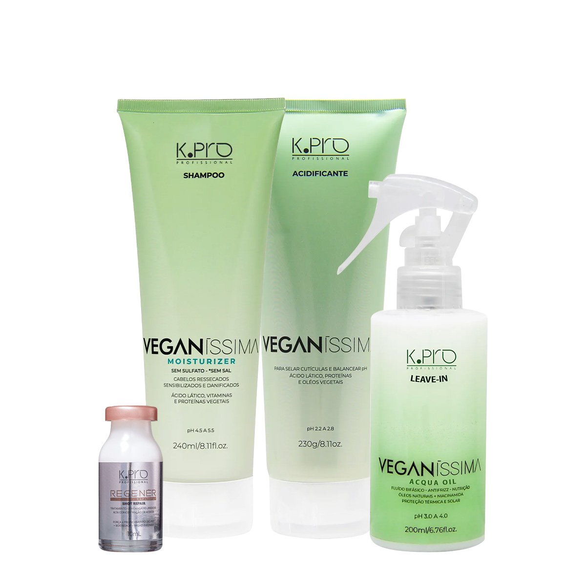 Kit K.Pro Veganissima Moisturizer Shampoo Acidificante Leave-in e Regener Ampola (4 produtos) ÚNICO